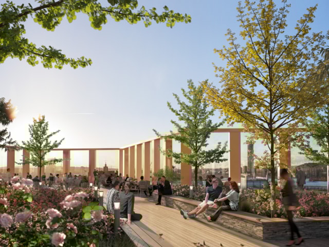 Noon | Kontor med egen park på taket och spårvagn och pendeltåg intill ...